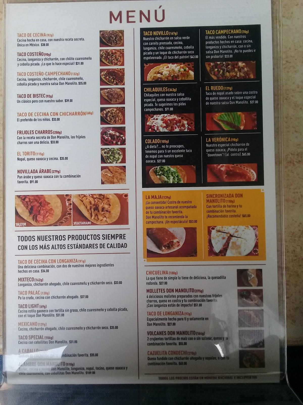 Carta del restaurante Tacos Don Manolito Pedregal, Ciudad del México ...