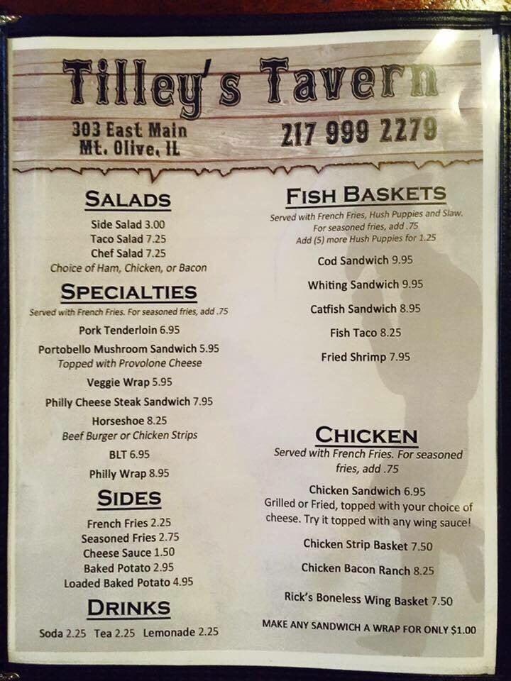 Menu at Tilleys Tavern pub & bar, Mount Olive