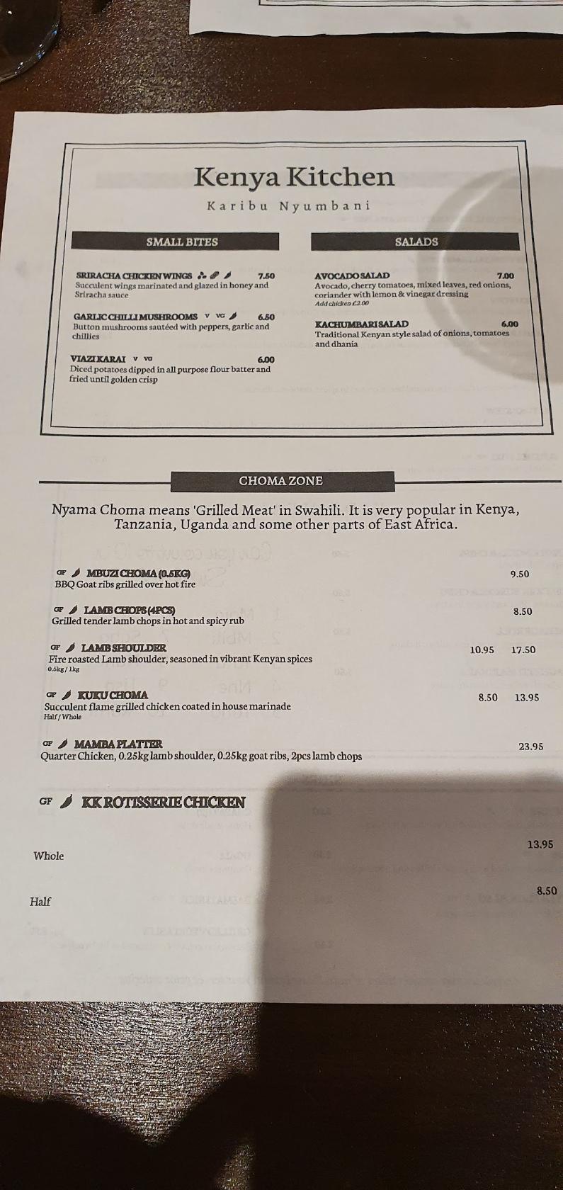 Menu at Kenya Kitchen restaurant, Edgware, 135 Deans Ln