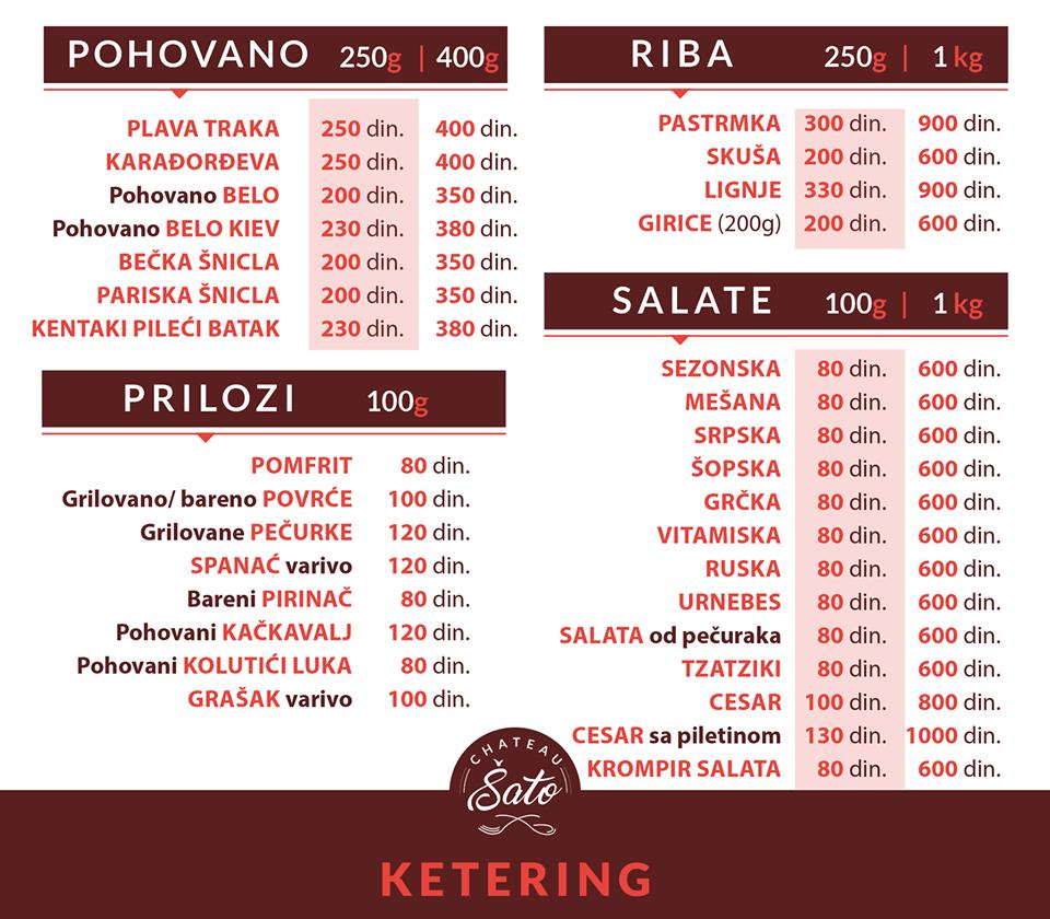 Menu at Ketering Šato restaurant, Pancevo