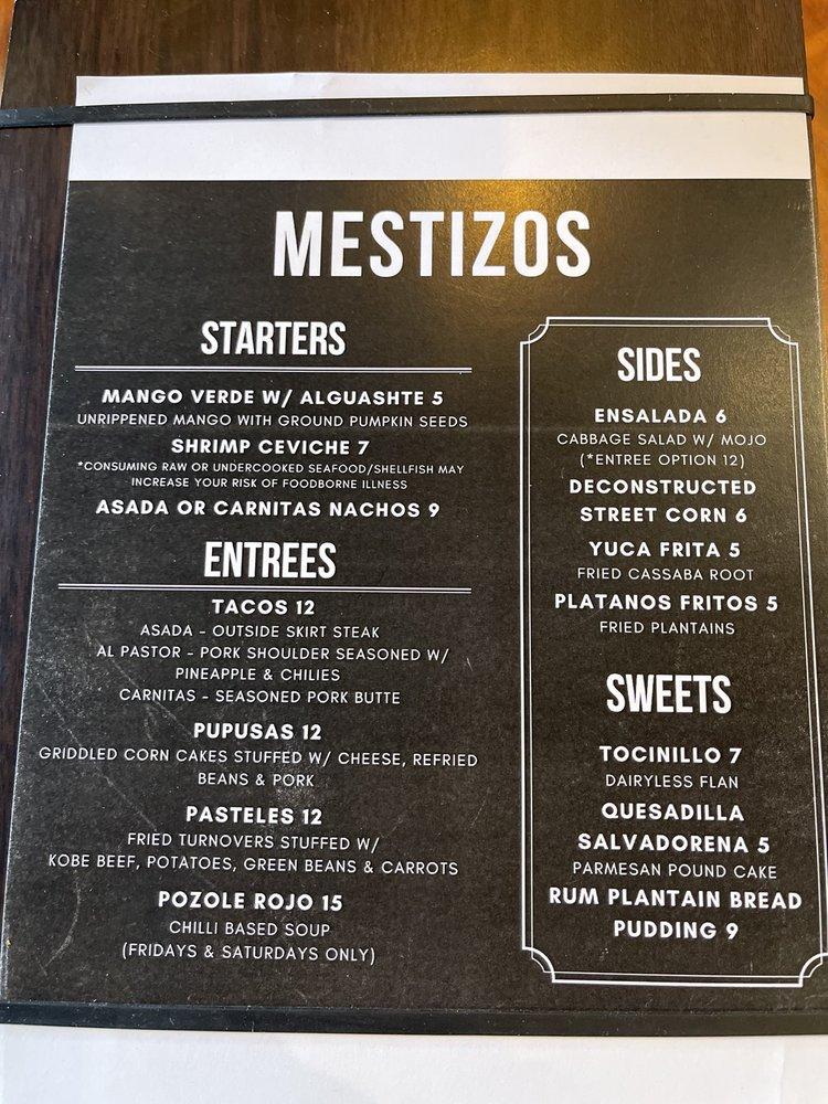 Menu at Mestizo’s Scratch Kitchen restaurant, Shelton