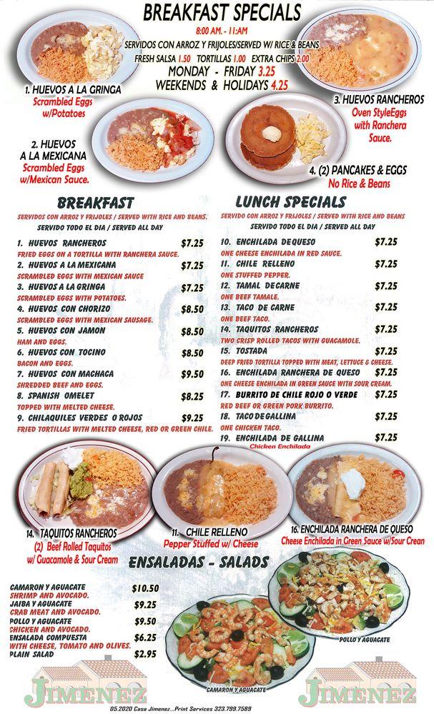 Menu at Casa Jimenez restaurant, Claremont