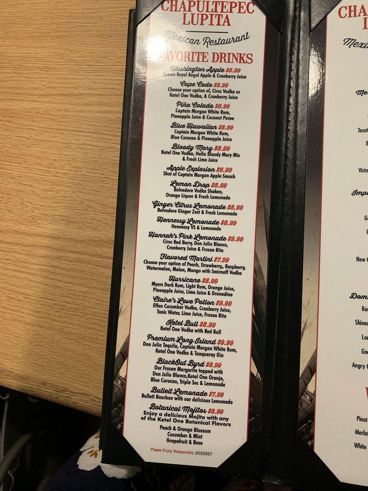 Menu at Chapultepec Lupita restaurant, Houston