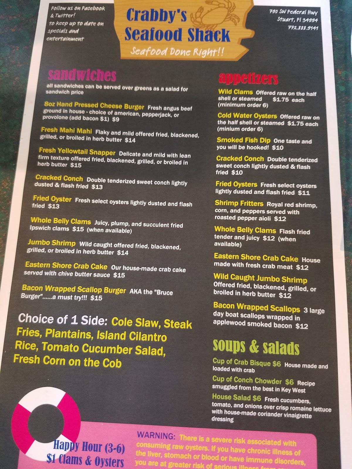 Menu at Crabby's Seafood Shack steakhouse, Stuart