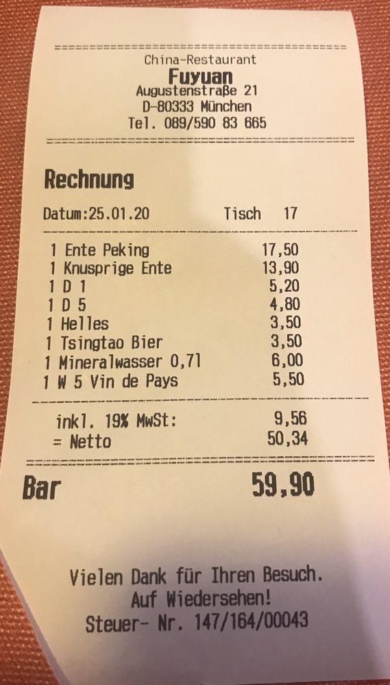 Menu at Fuyuan restaurant, Munich