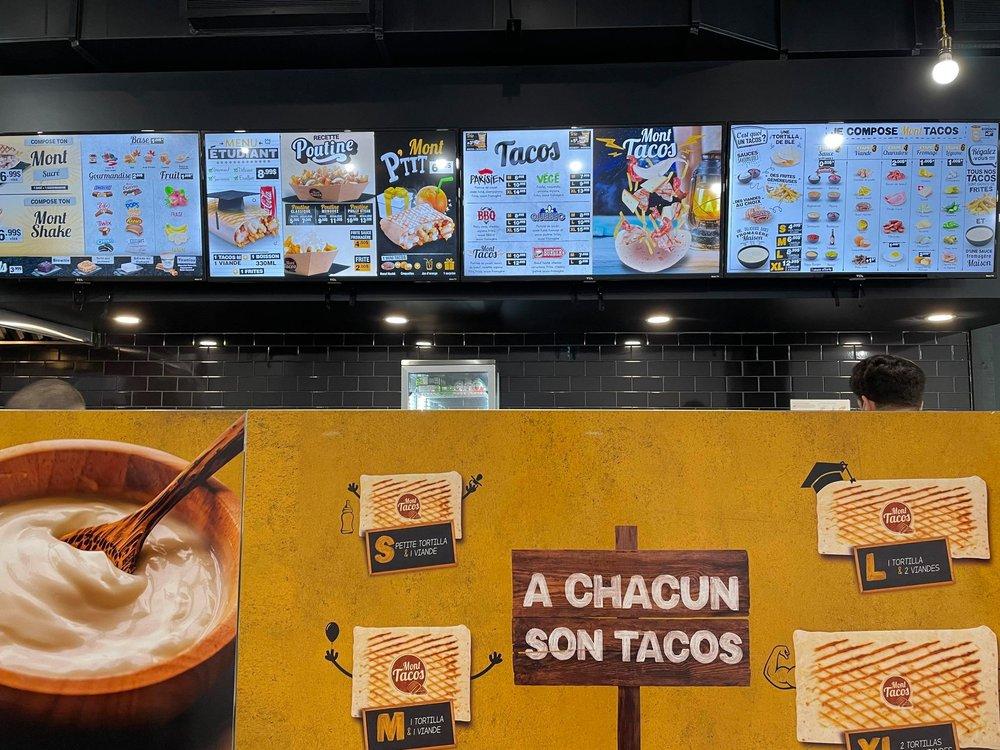 Menu au Mont Tacos - St. Catherine fast food, Montréal