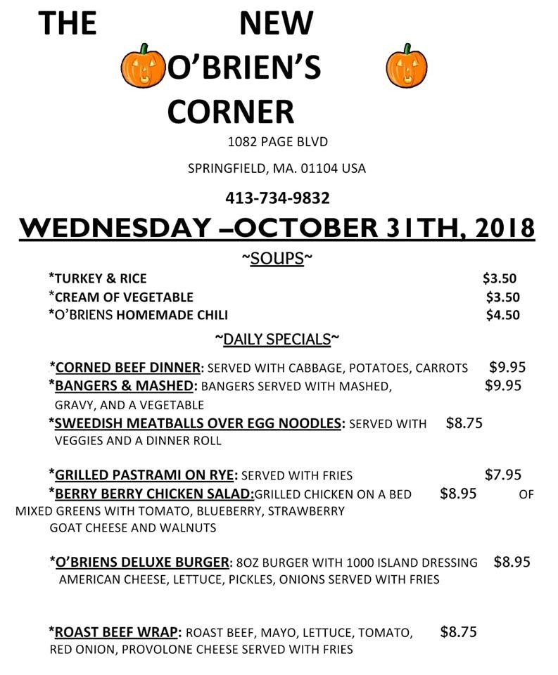 Menu at O'Brien's Corner pub & bar, Springfield