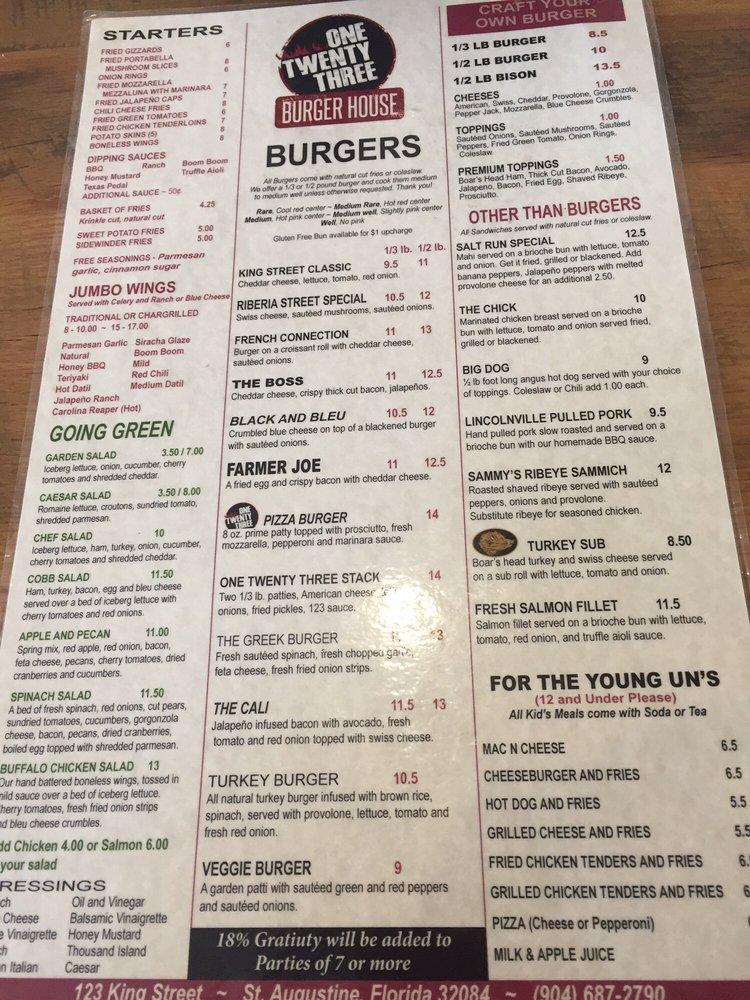 Menu at One Twenty Three Burger House restaurant, St. Augustine