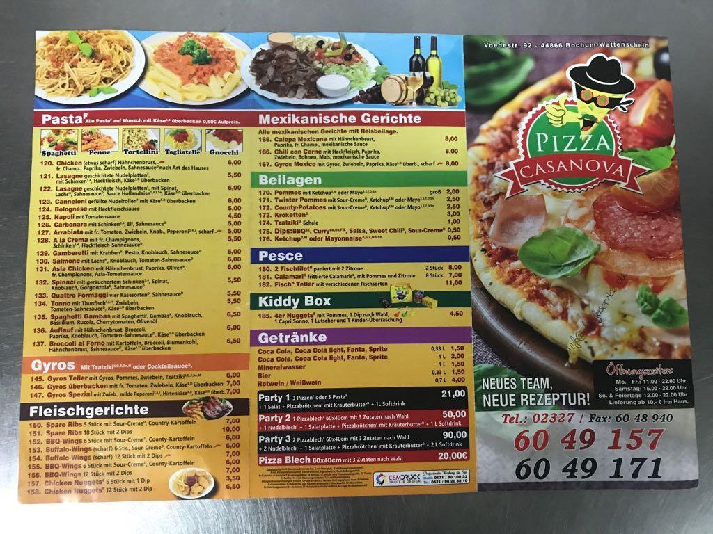 Speisekarte von Pizza Casanova, Bochum