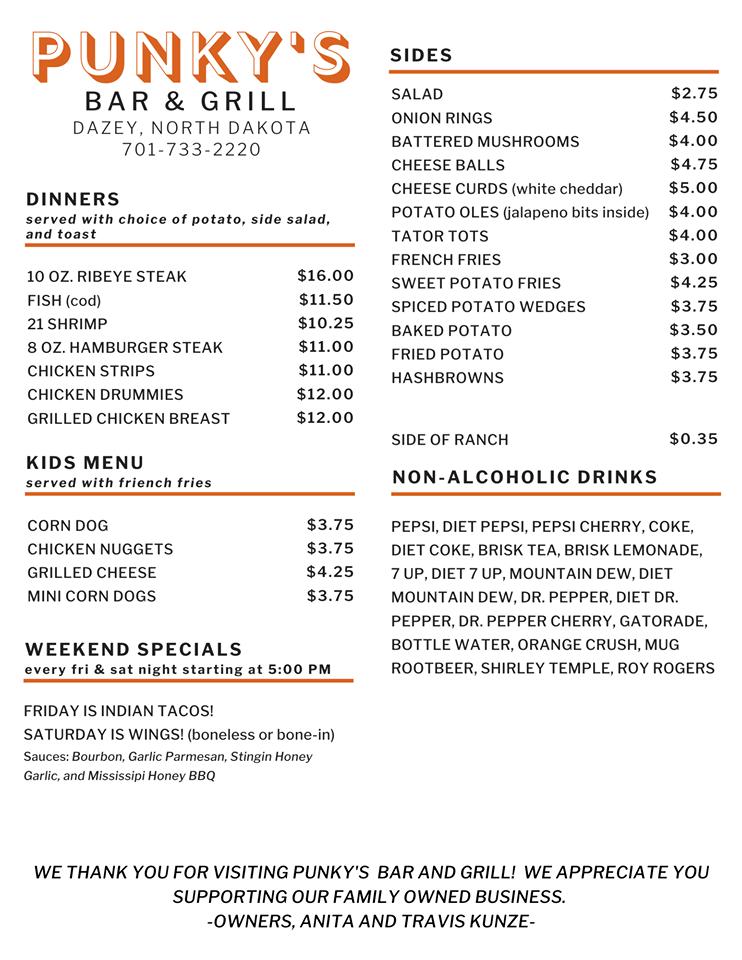 Menu at Punky's pub & bar, Dazey