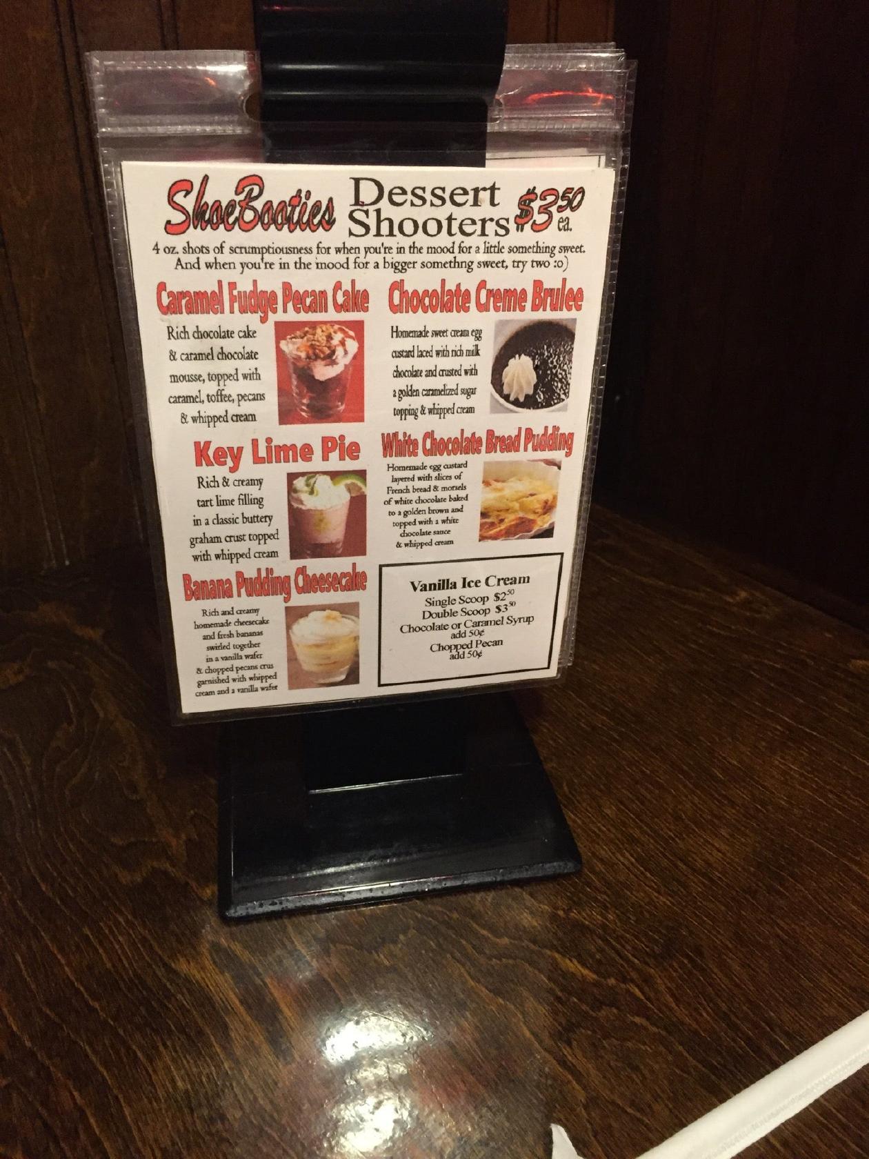 Menu at ShoeBooties Cafe, Murphy