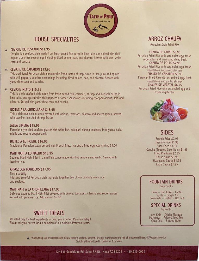 Menu at Taste of Peru | Urban Kitchen & Pisco Bar, Mesa