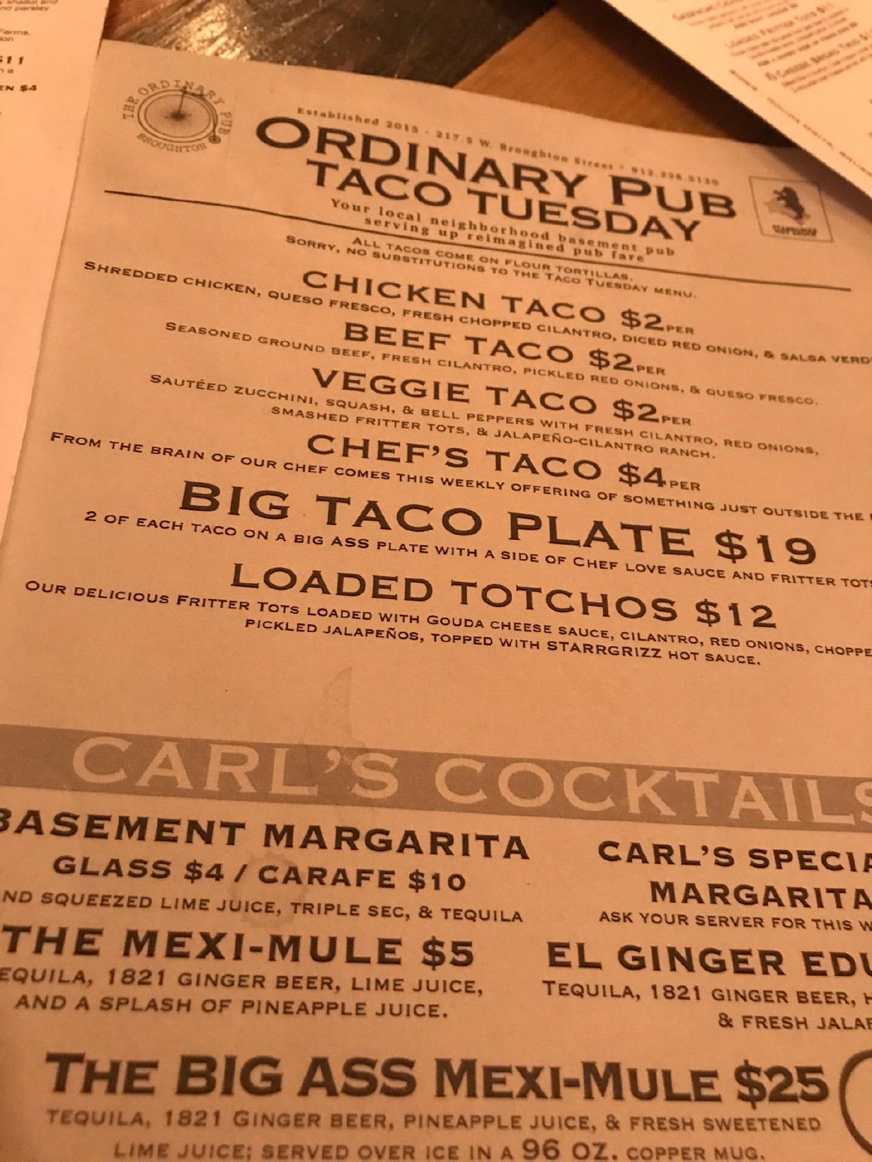 Menu at The Ordinary Pub, Savannah