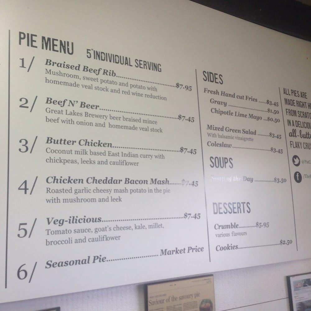 Menu at The Pie Commission fast food, Toronto, 927 The Queensway