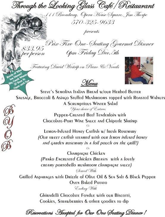 Menu at Through The Looking Glass cafe, Jim Thorpe, 111 Broadway