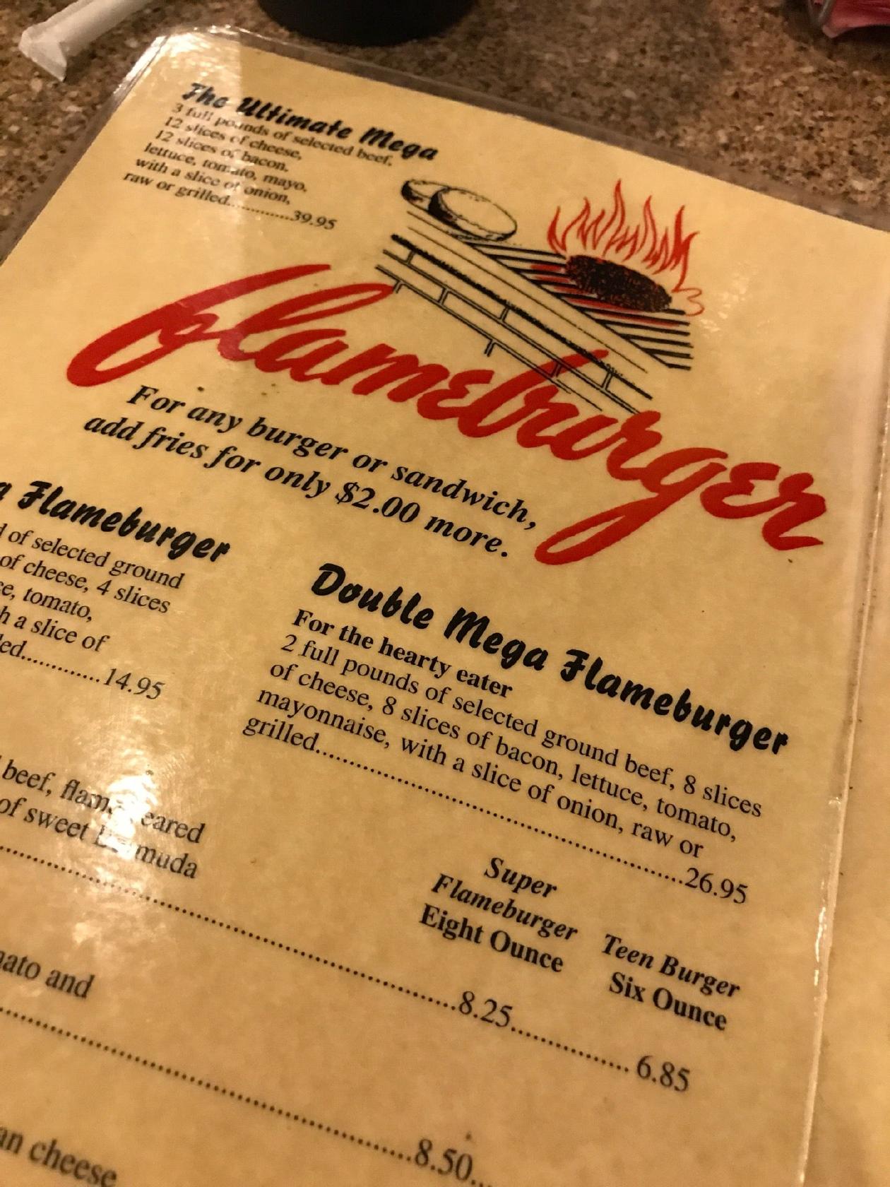 Menu at Flameburger restaurant, Minneapolis