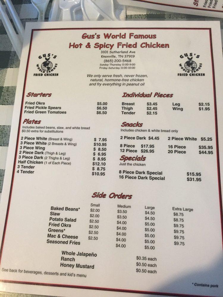 Menu at Gus's World Famous Fried Chicken restaurant, Knoxville