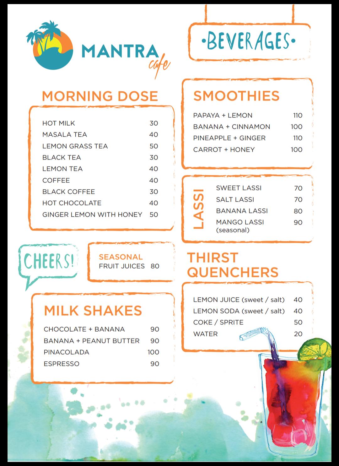 Menu at Mantra Cafe, Gokarna