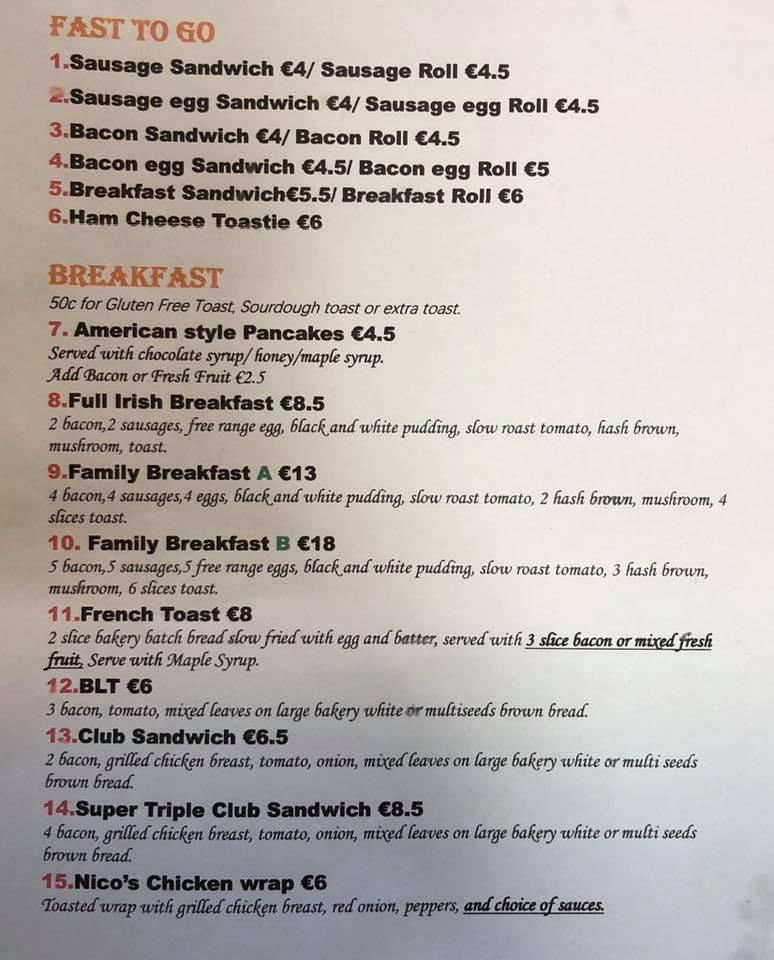 Menu at NICO'S cafe, Clondalkin, 48 Tower Road