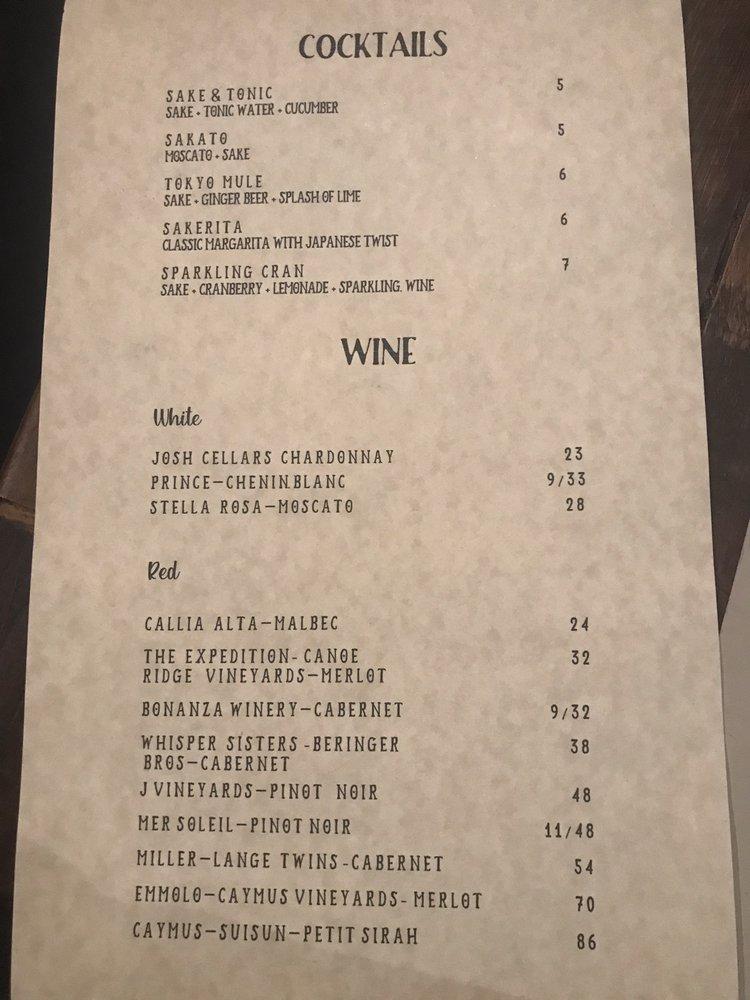 Menu at NoMi restaurant, El Paso