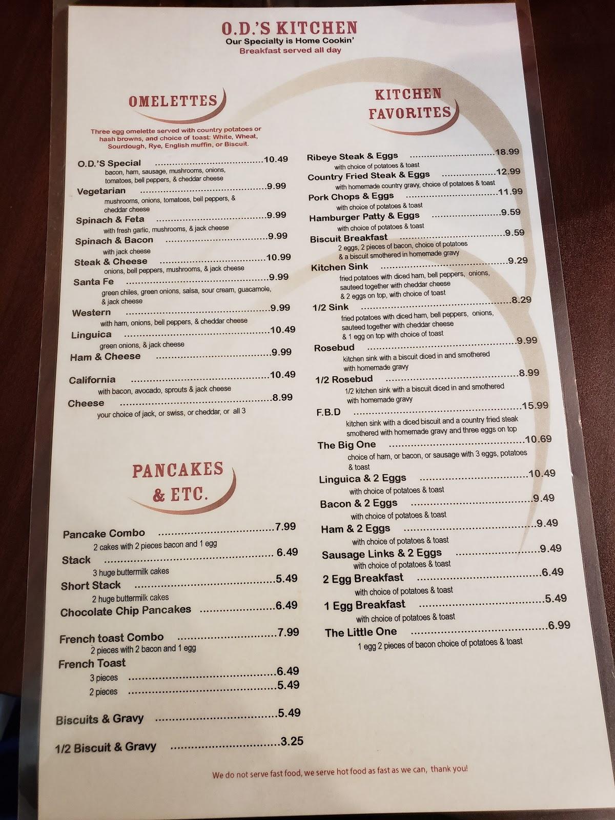 Menu at OD's Kitchen restaurant, Gilroy