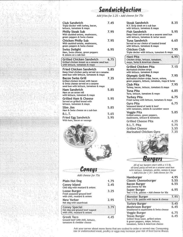 Menu at Olympic Grill restaurant, Detroit, 119 W Warren Ave