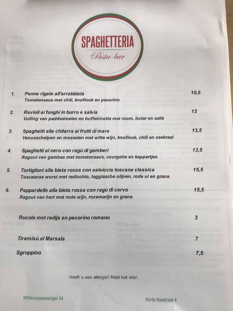 Menu at Spaghetteria Wittevrouwensingel, Utrecht, Wittevrouwensingel 44