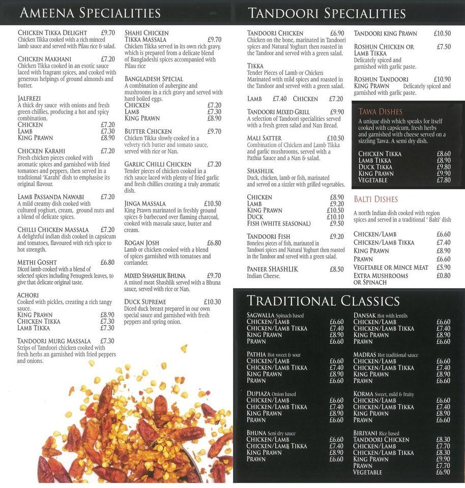 Menu at The Ameena Restaurant, Halesowen