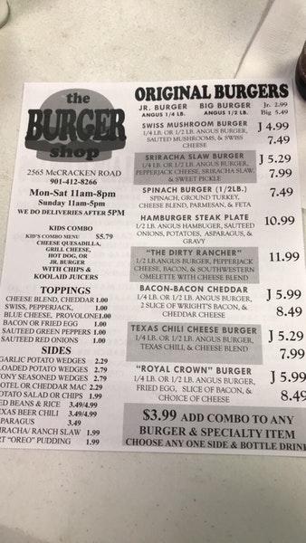 Menu at The Burger Shop restaurant, Hernando, McCracken Rd