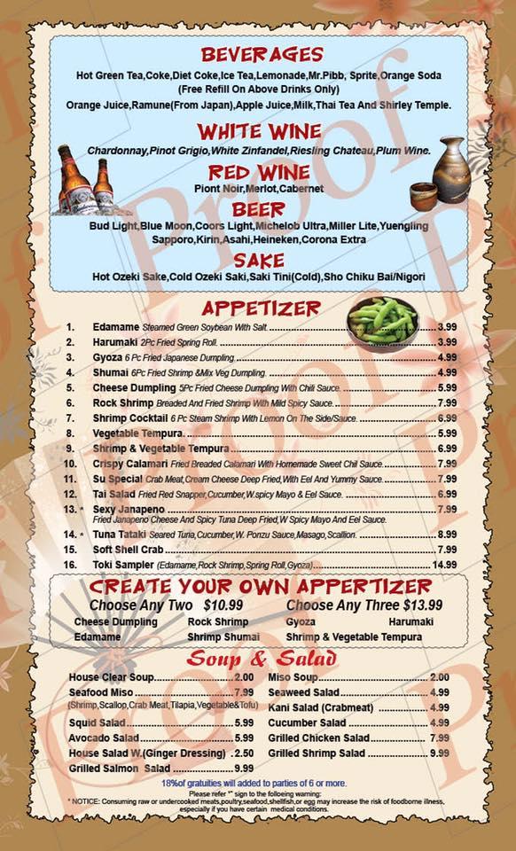 Menu at Toki sushi & steak house restaurant, Barnesville