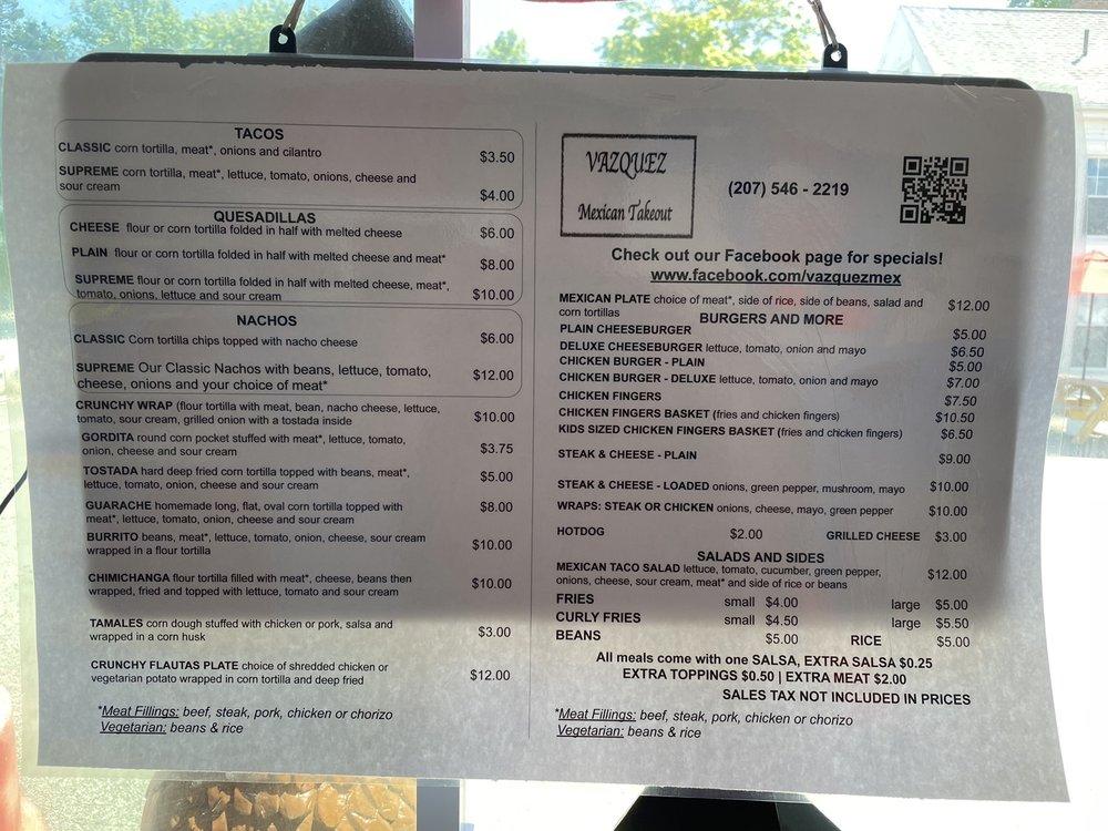 Menu at Vazquez Mexican Takeout restaurant, Milbridge, 38 Main St