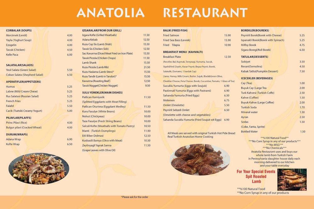 Menu at Anatolia Restaurant, Paterson