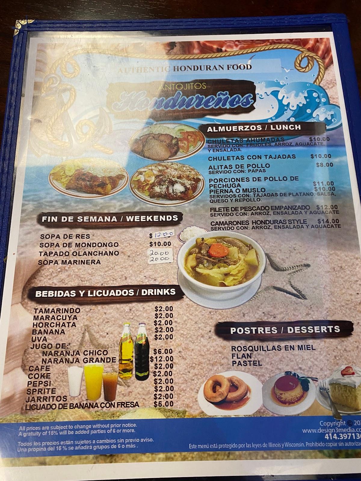 Menu at Antojitos Hondureños restaurant, Waukegan