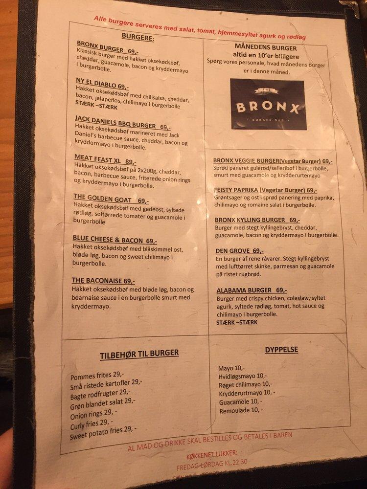 Menu at Bronx restaurant, Copenhagen, Vandkunsten 1