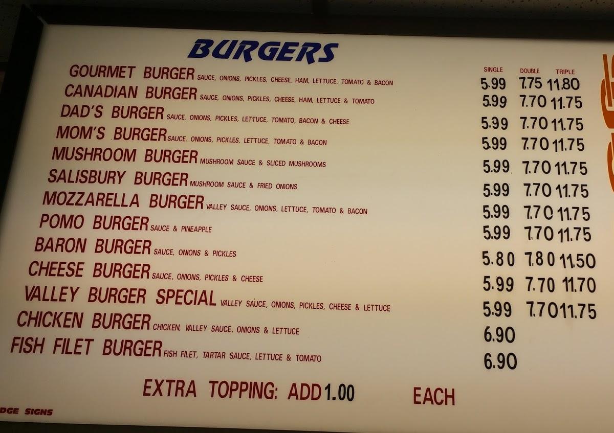 Menu at Burger Baron, Mayerthorpe