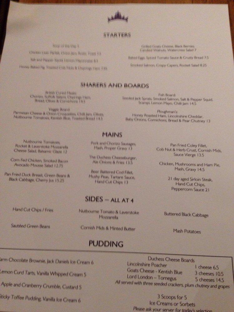 Menu at Duchess of Kent pub & bar, London, 441 Liverpool Rd