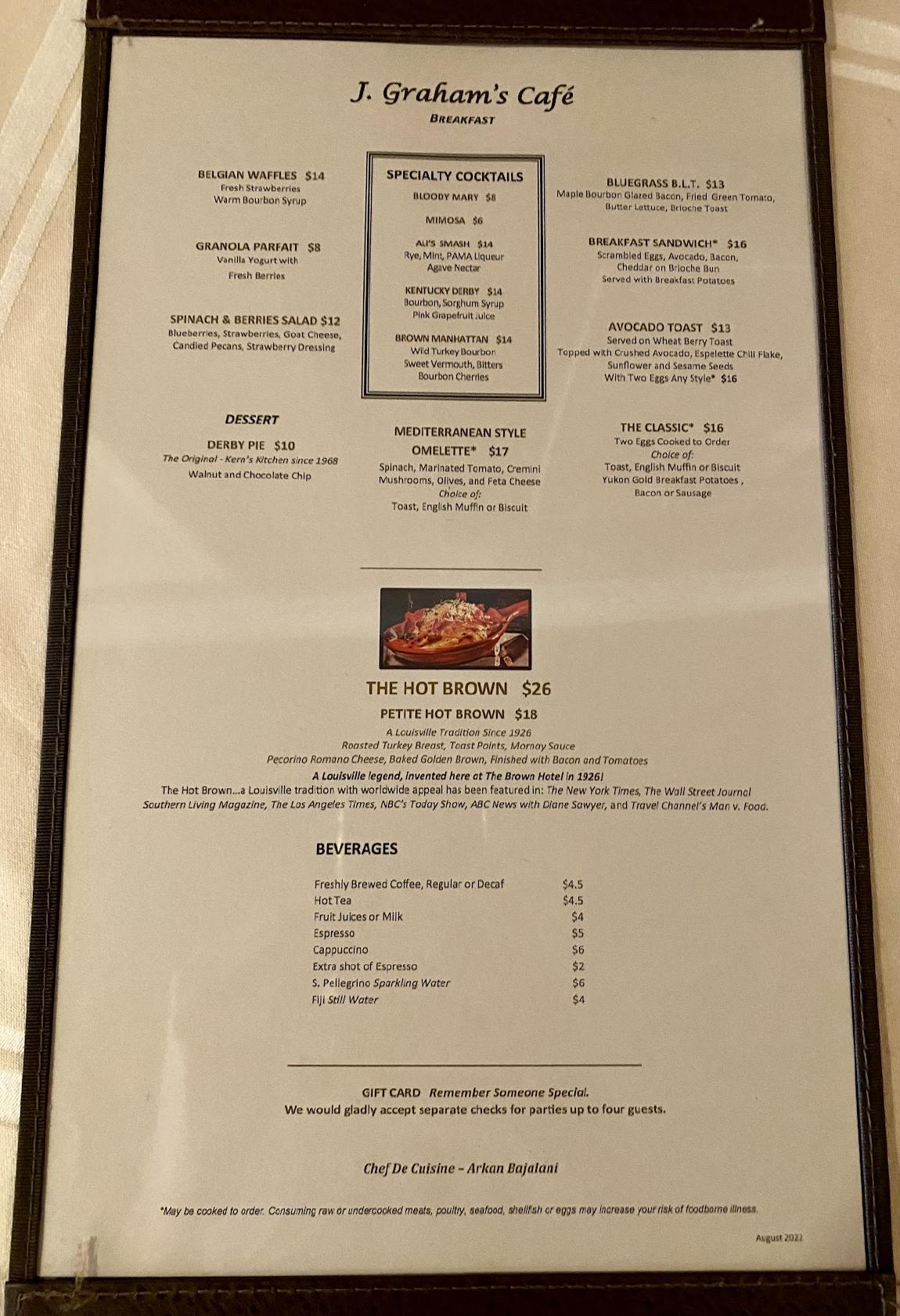 Menu at J Graham's Cafe, Louisville