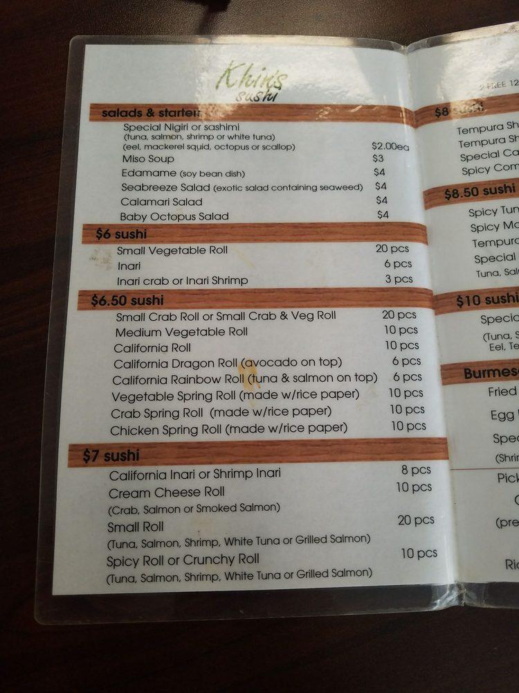 Menu at Khin's Sushi restaurant, Richmond