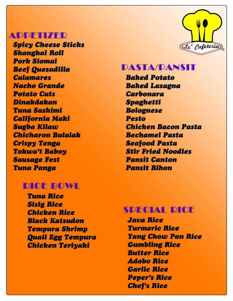 Menu at Le' Cafeteria, Quezon City