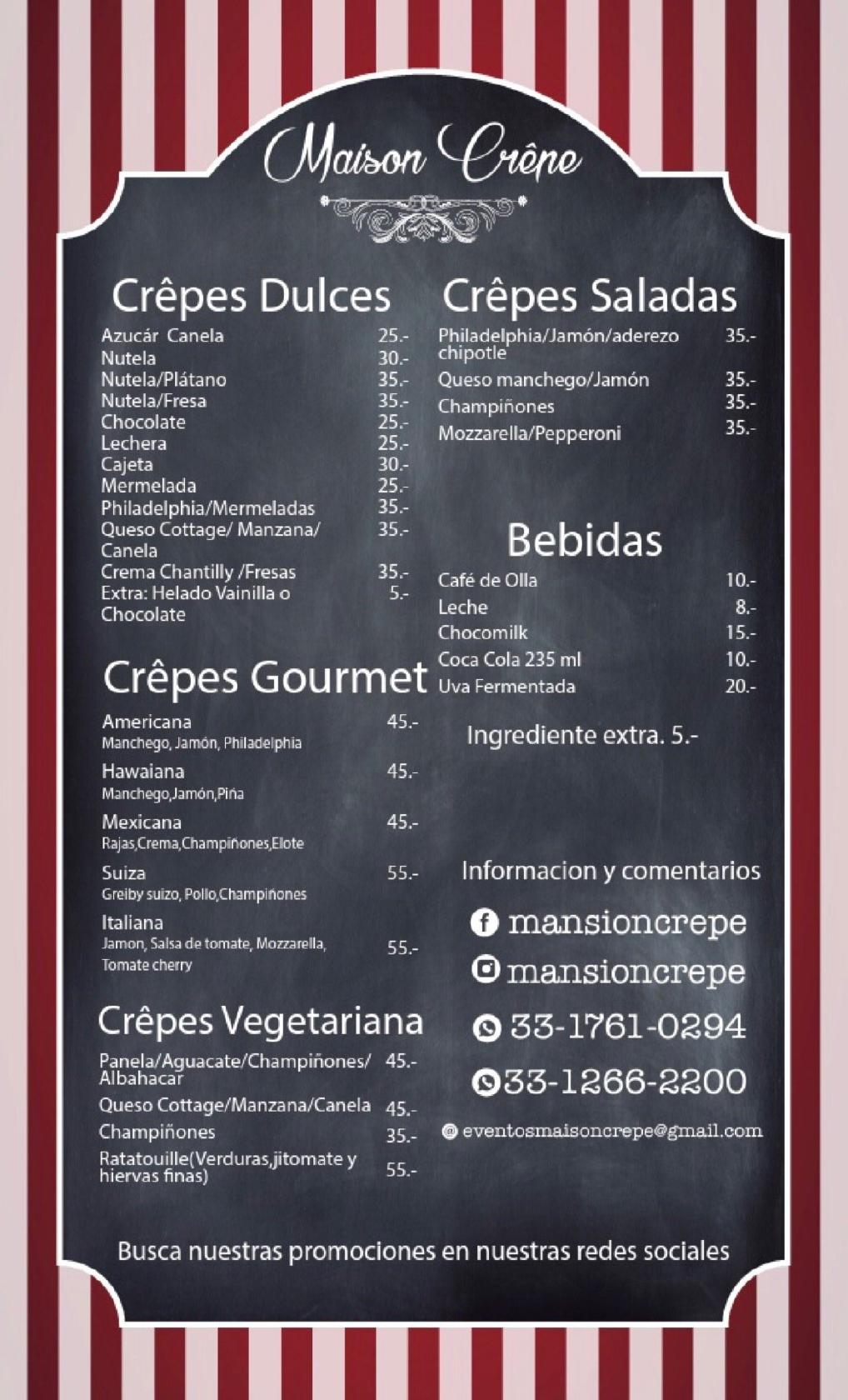 Menu at Maison Crêpe restaurant, Guadalajara