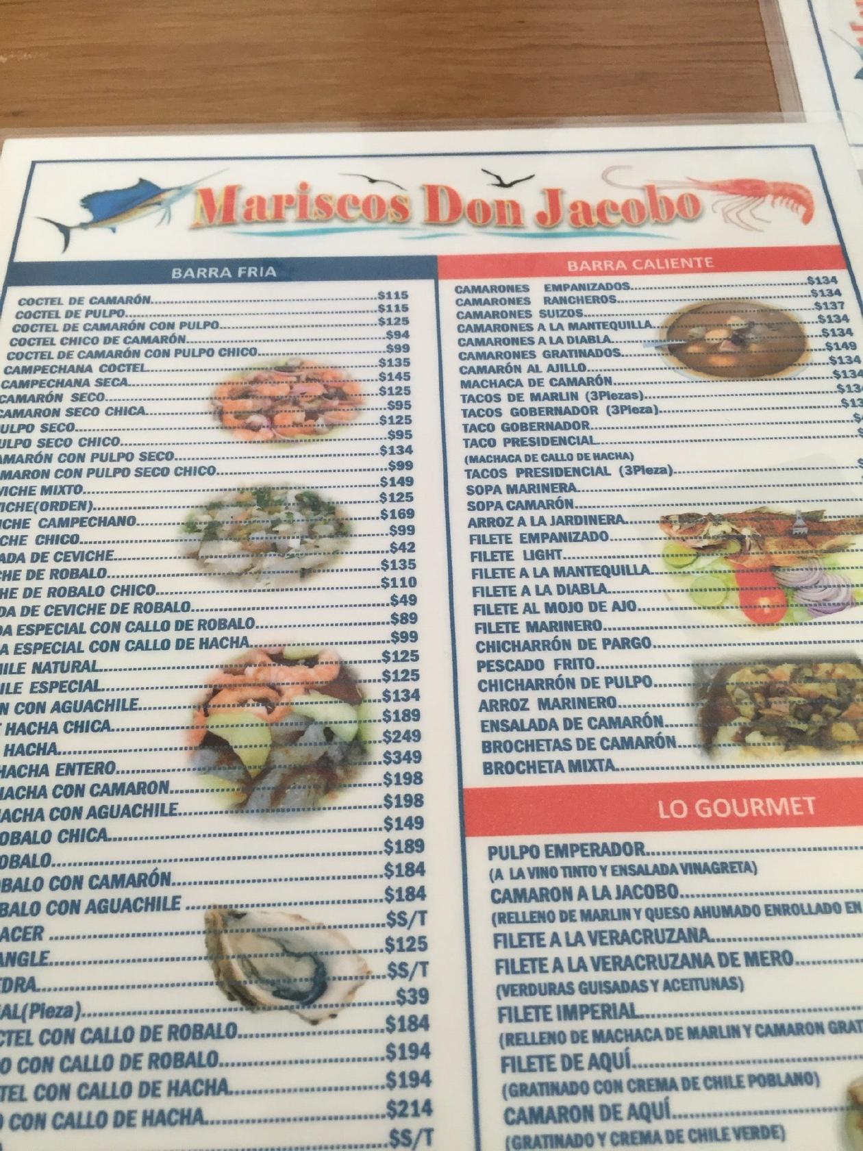 Carta del restaurante Mariscos Don Jacobo, Culiacán Rosales