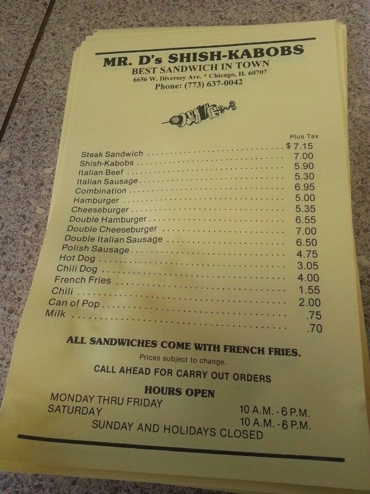 Menu at Mr D's Shish-Kabobs restaurant, Chicago