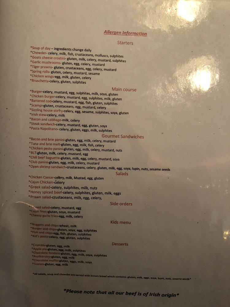 Menu at Pat Collins Bar, Adare