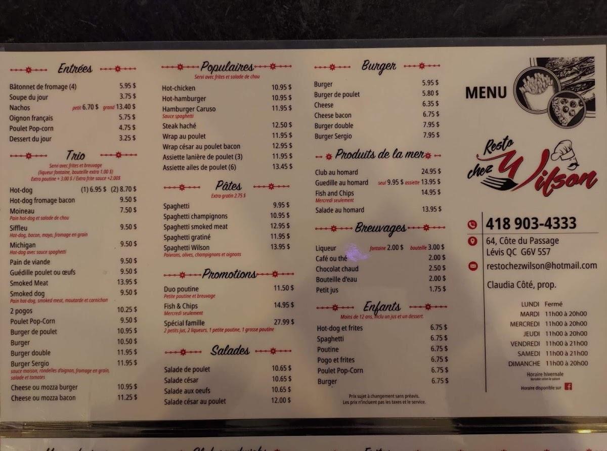 Menu at Resto Chez Wilson restaurant, Levis