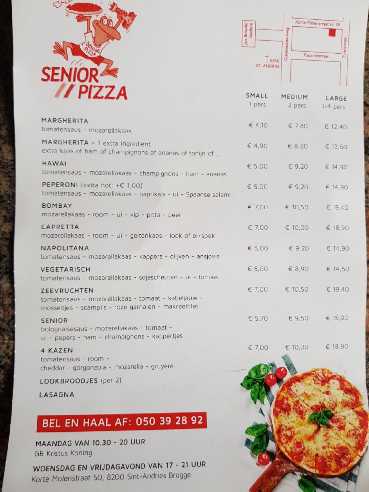 Menu at Senior Pizza, Bruges, Korte Molenstraat 50
