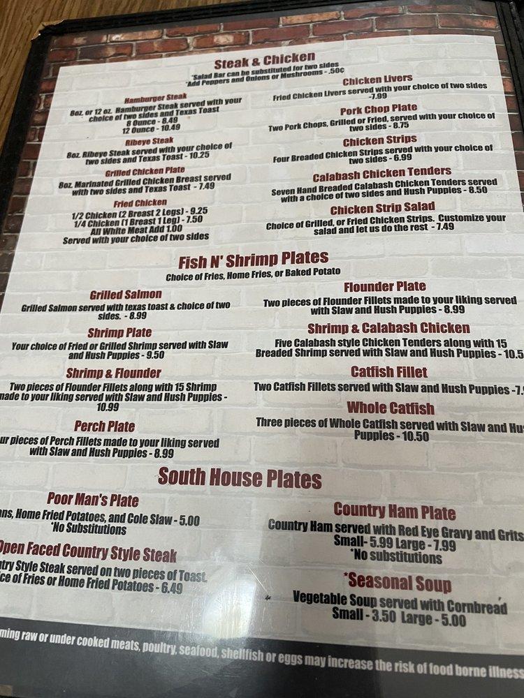 Menu at South House Restaurant, Greer
