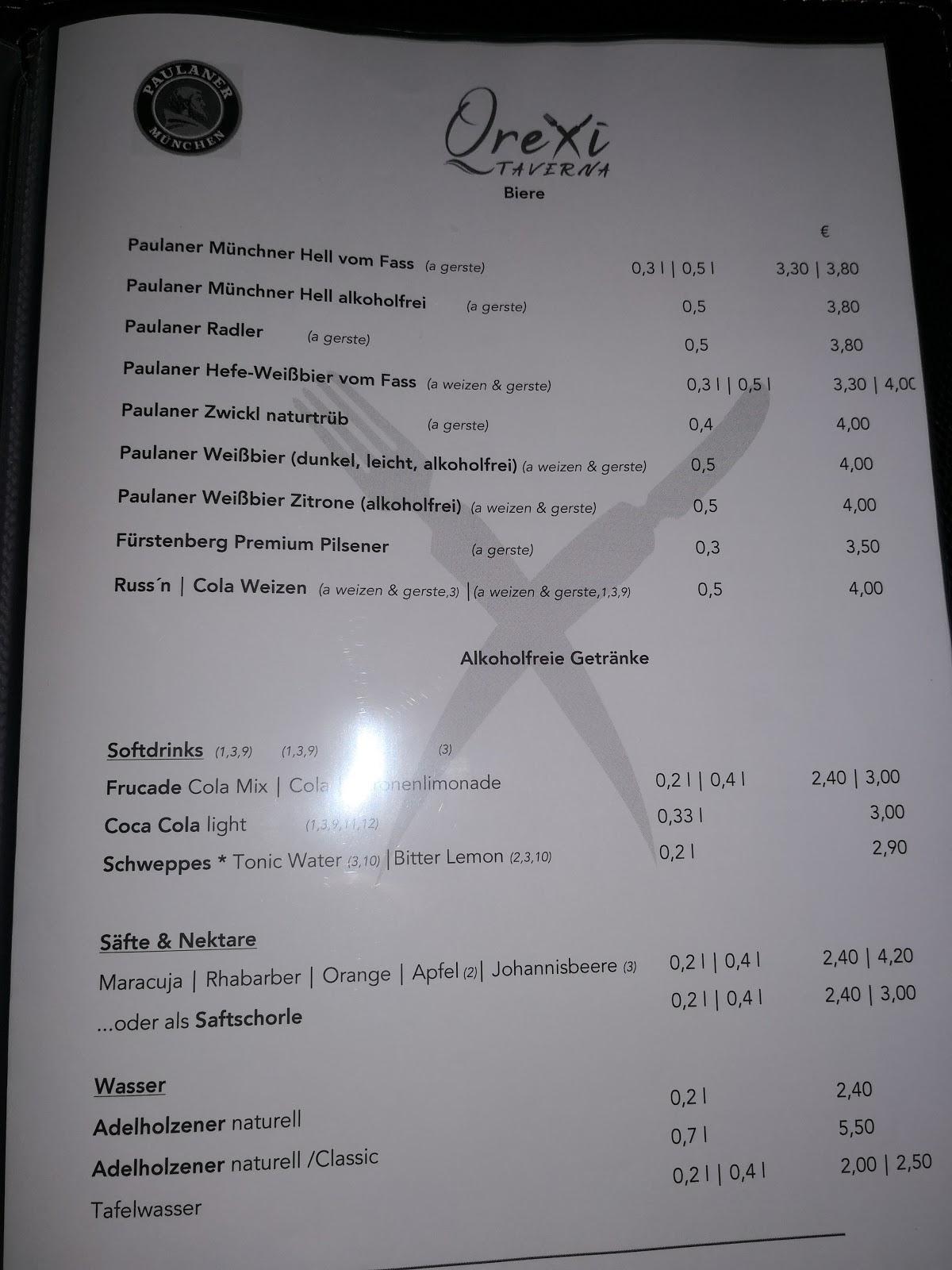 Carta del restaurante Taverna Orexi, Munich