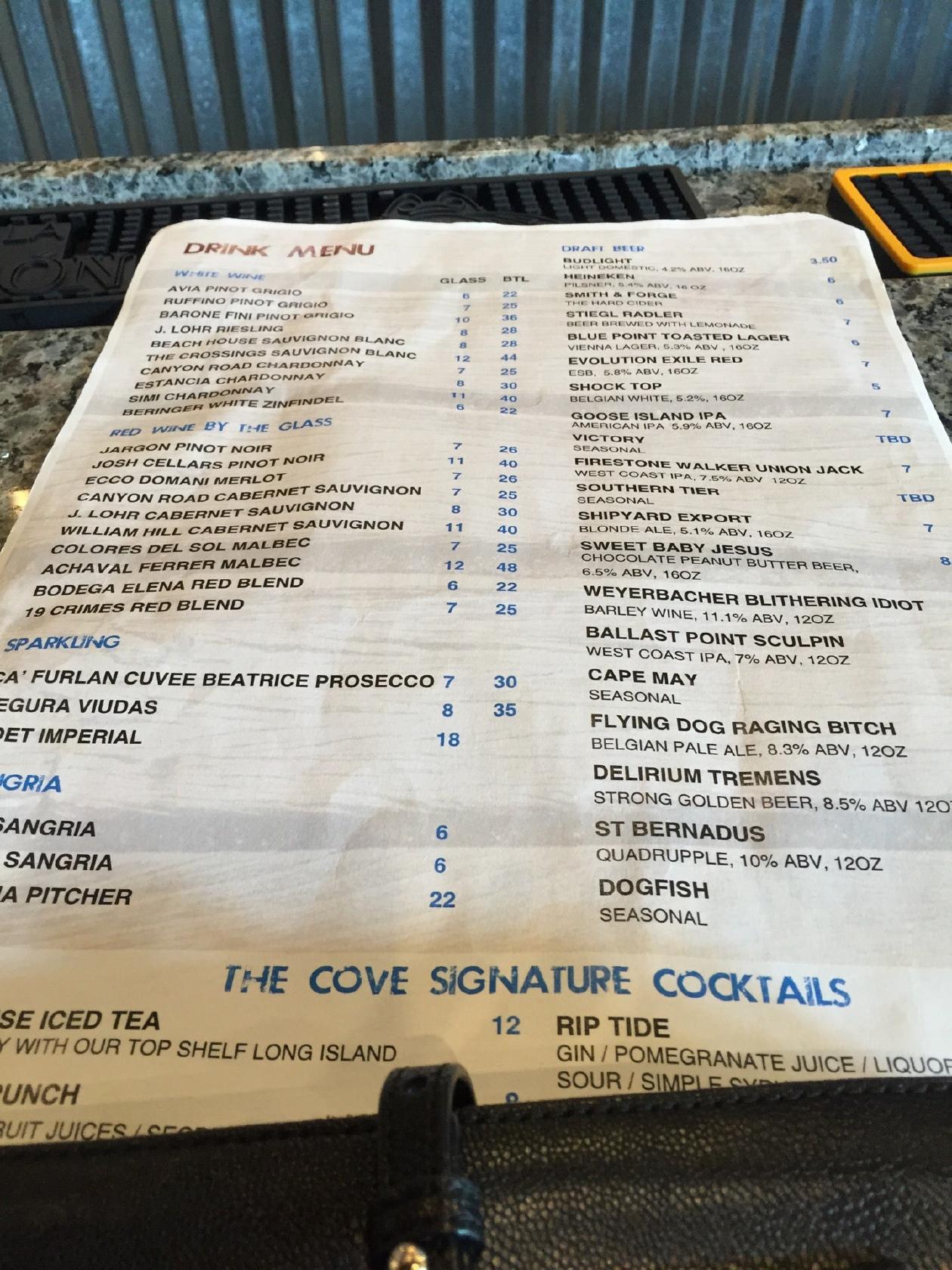 Menu at The Cove Restaurant - Bar - Package Goods, Brigantine ...