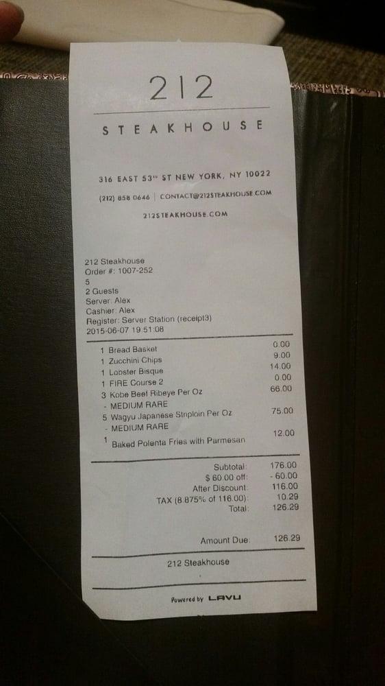 Menu at 212 Steakhouse, West New York