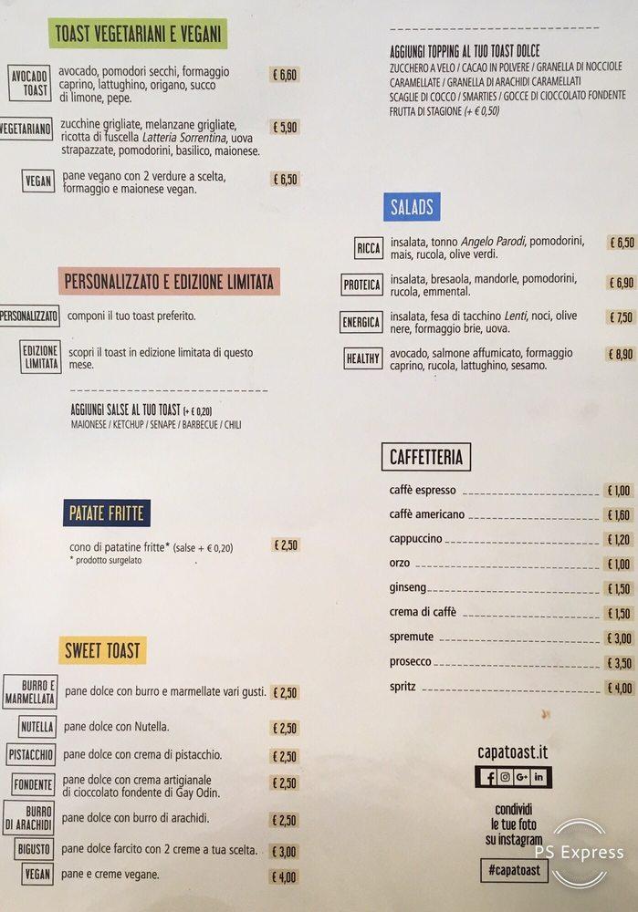 Menu at Capatoast cafe, Florence